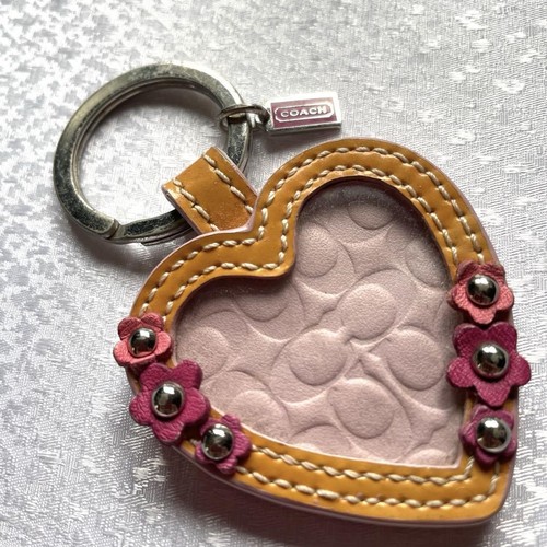 COACH Heart Keychain Pink Floral Leather Charm Logo Stitch Accent Gift ...