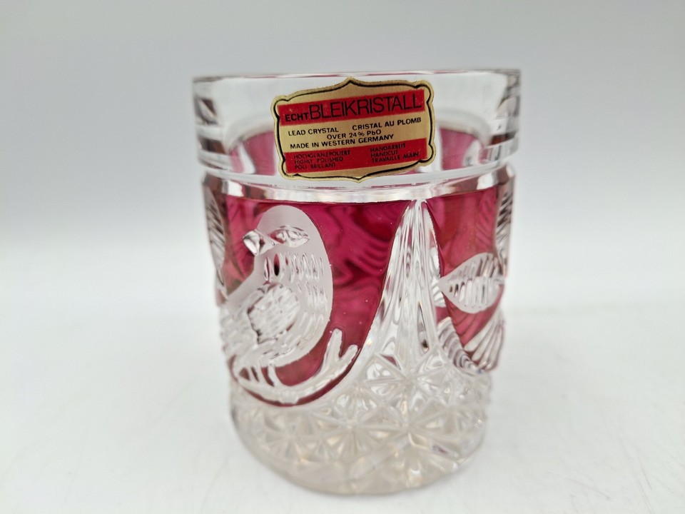 Hofbauer Byrdes Red Bird Ruby Red and Clear Crystal Whisky Glass x 4 c ...
