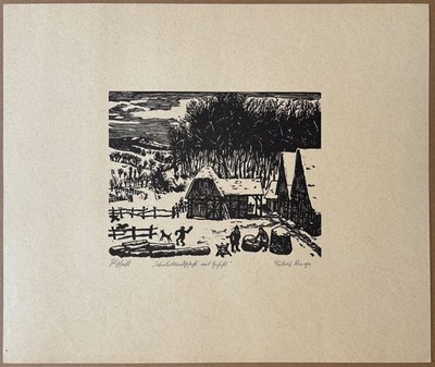 Rudolf Riege, Winterlandschaft mit Gehöft, Holzschnitt, 1932 ...