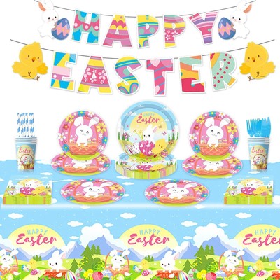 Easter Party Supplies-Happy Easter Tableware Set, 92Pcs Colorful Bunny ...