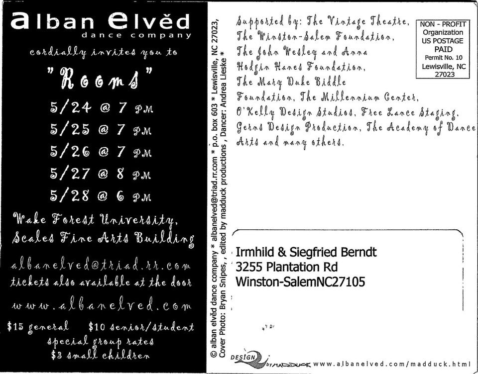 6x4" Postcard Lewisville North Carolina "Rooms" Alban Elved Dance ...