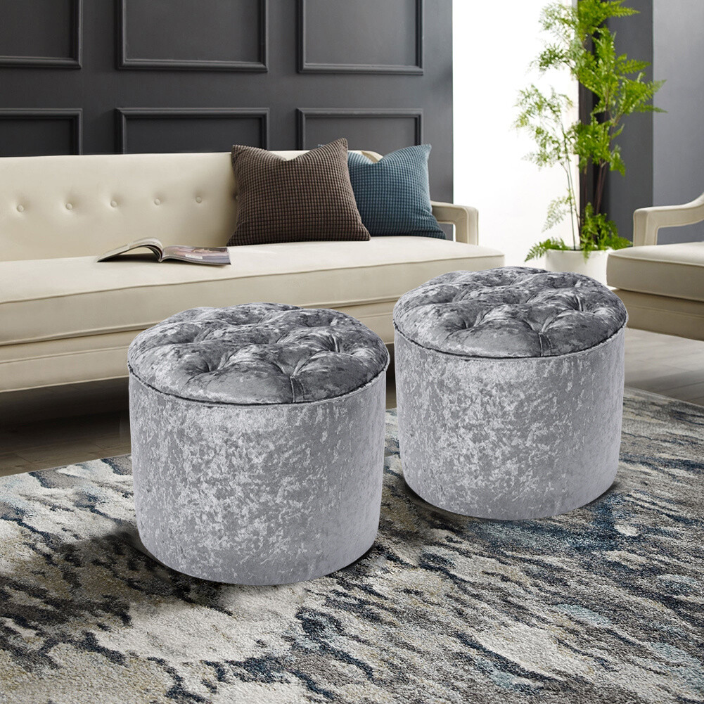 Crushed Velvet Footstool Large Round Chesterfield Button Pouffe Ottoman ...