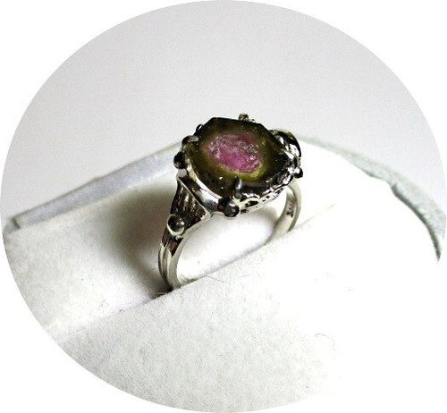 WATERMELON Tourmaline - Crystal Ring - Antique 14k Solid White Gold Mtg ...