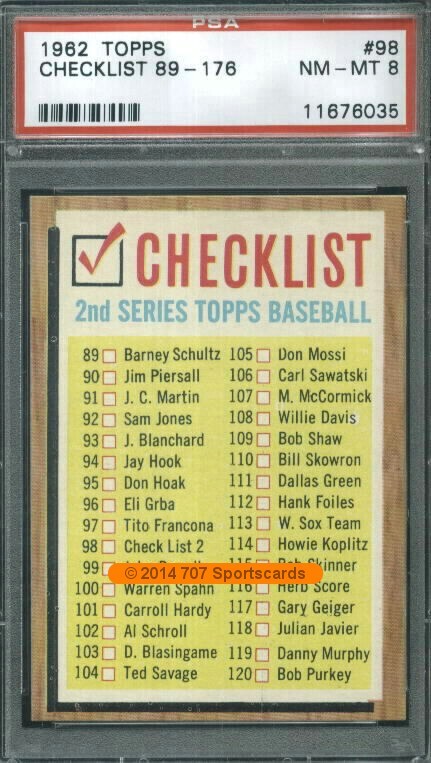 1962 Topps 98 Checklist Cards 89-176 PSA 8 (6035) | eBay