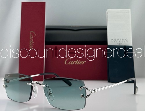 Cartier Rectangular Rimless Sunglasses CT0550S 004 Silver Metal Green ...