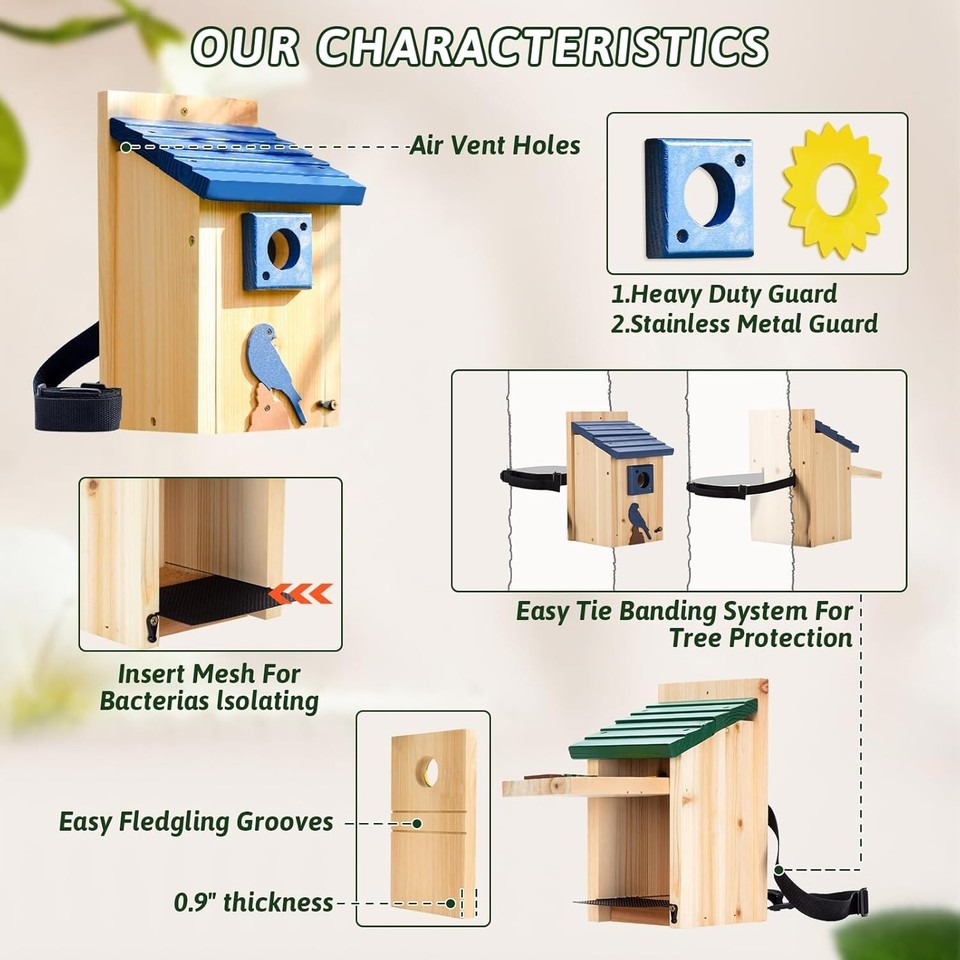 2Pk XL Bluebird Nesting Box - Bird Houses for Outside - Wall Tree Pole ...