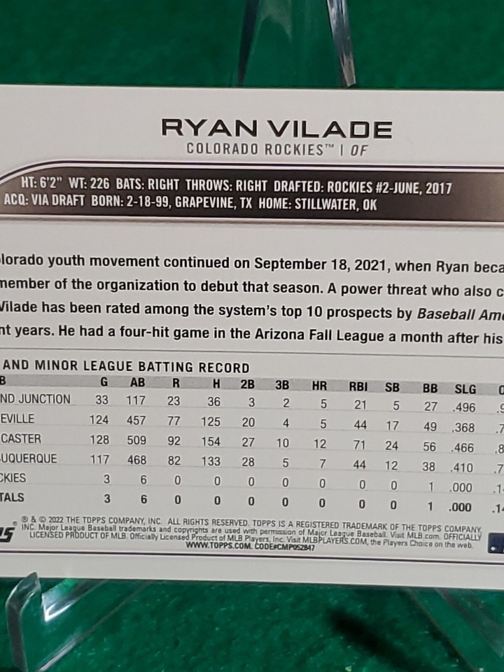 Ryan Vilade 2022 Topps Series 2 Rookie Card RC #586 Colorado Rockies | eBay
