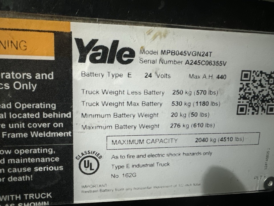 Yale Electric Pallet Jacks Model MPB045VG 24V Forklift | eBay