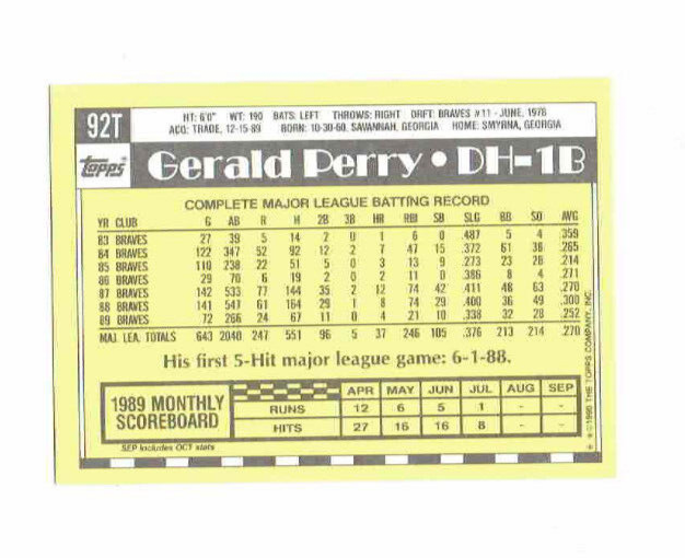 Gerald Perry Royals 1B #92T Topps 1990 Baseball Card | eBay
