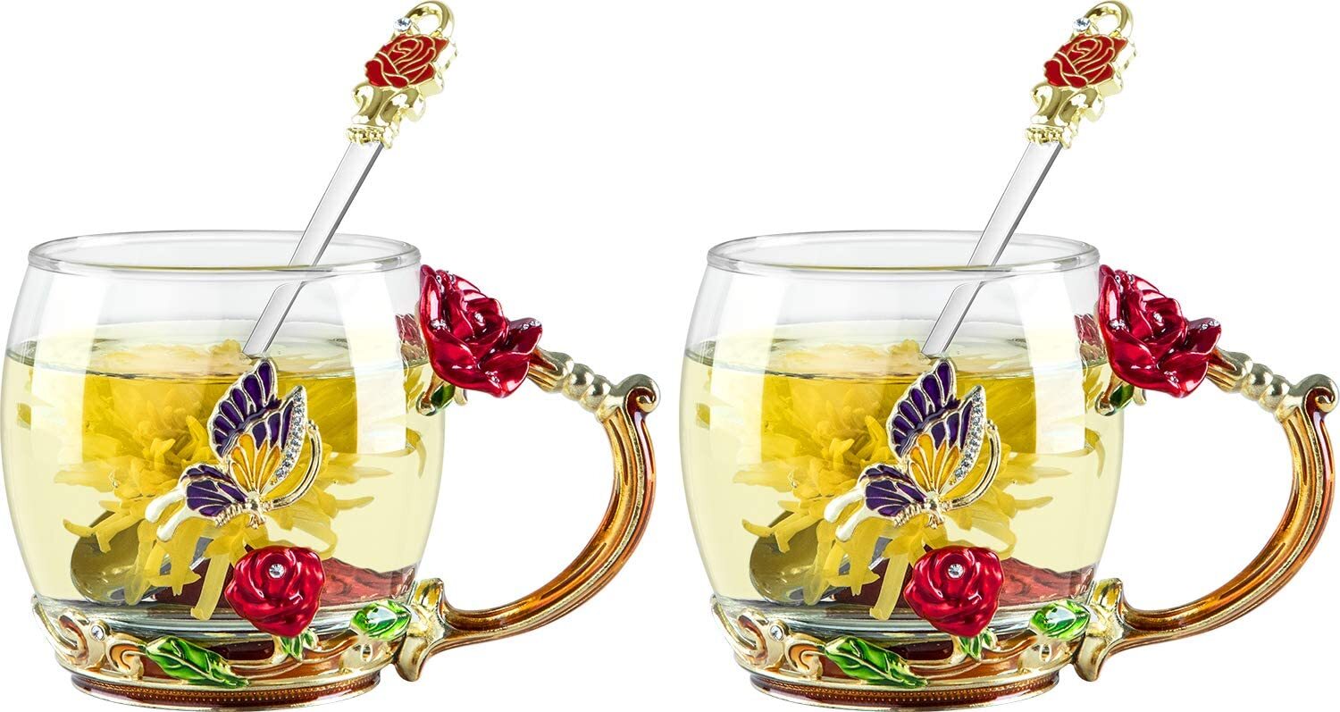 Enamel Water Glass Flower Tea Cup Rose Coffee Mug With Handle And Spoon ...