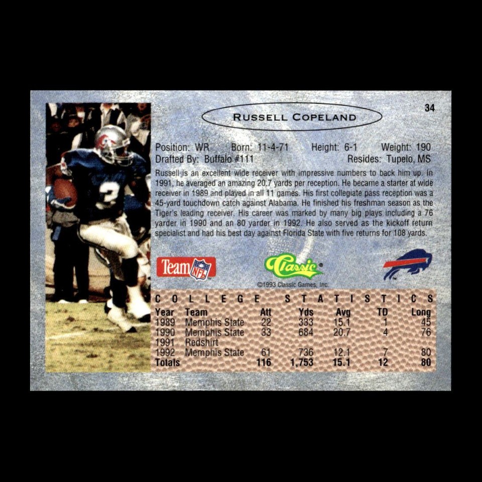Russell Copeland 1993 Classic Buffalo Bills #34 R326C 9 | eBay