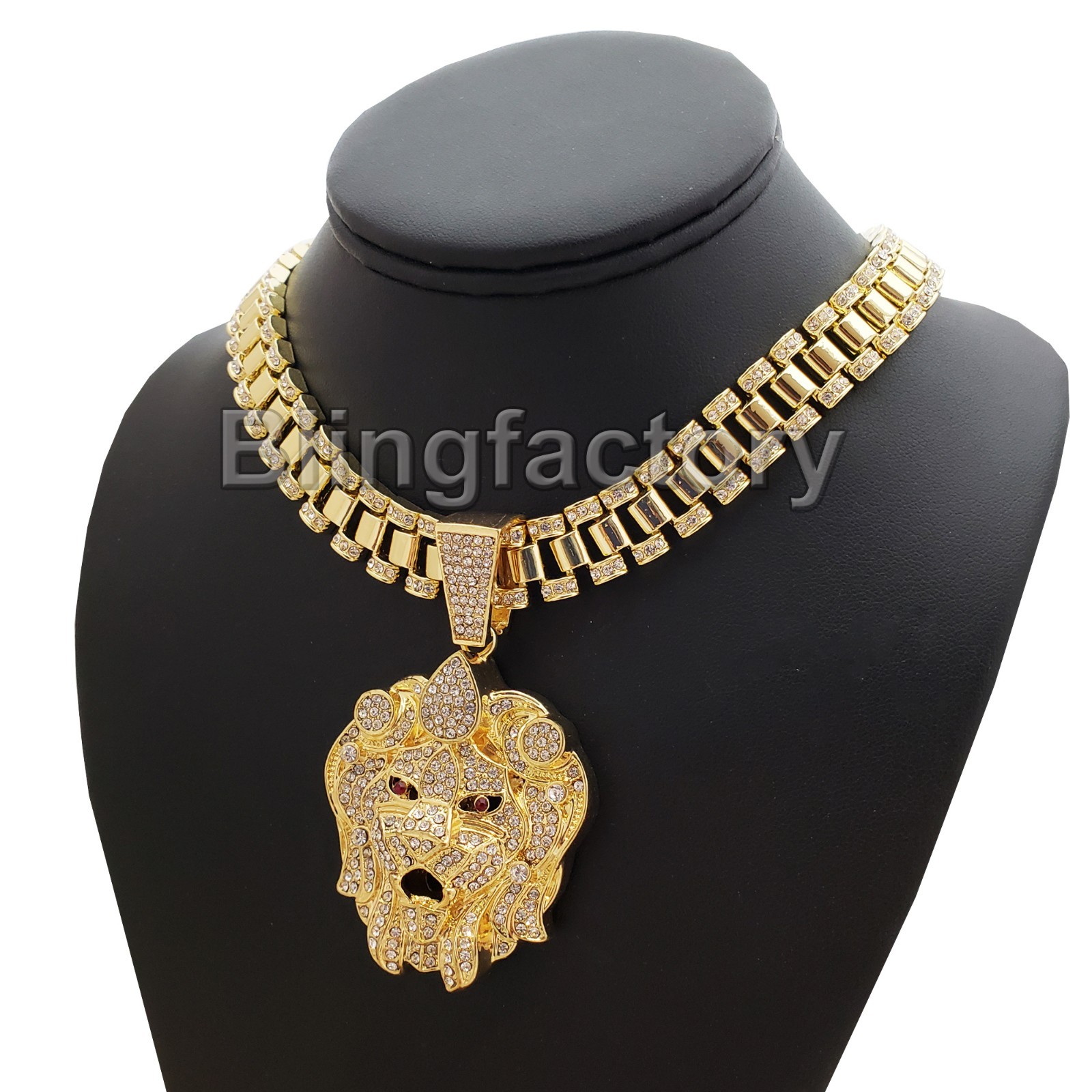 Hip Hop Iced Gold Tone Lion Head & 18" Iced Rollie Link Choker Chain ...