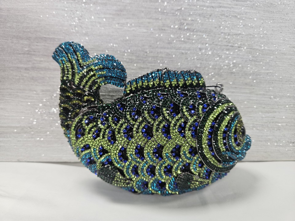Natasha Crystal Fish Clutch Blue Green Rhinestone Evening Purse NWT | eBay