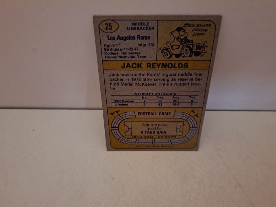 HACKSAW JACK REYNOLDS 1974 Vintage Card #25 Rookie Rc LOS ANGELES RAMS ...