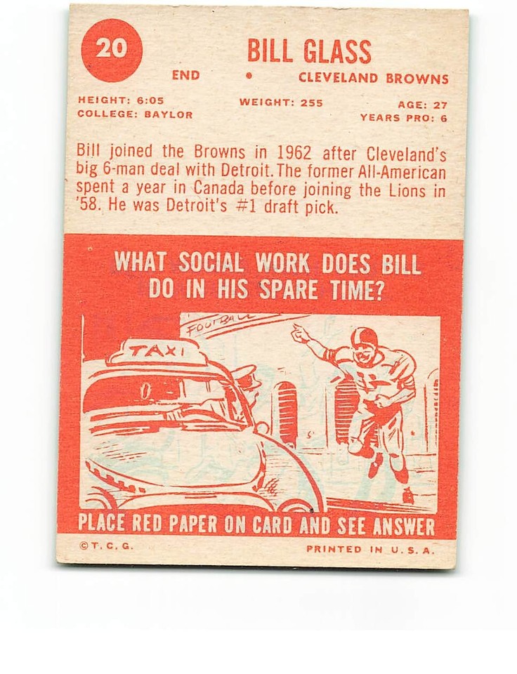 1963 TOPPS FOOTBALL BILL GLASS #20 CLEVELAND BROWNS SP HIGH GRADE ...
