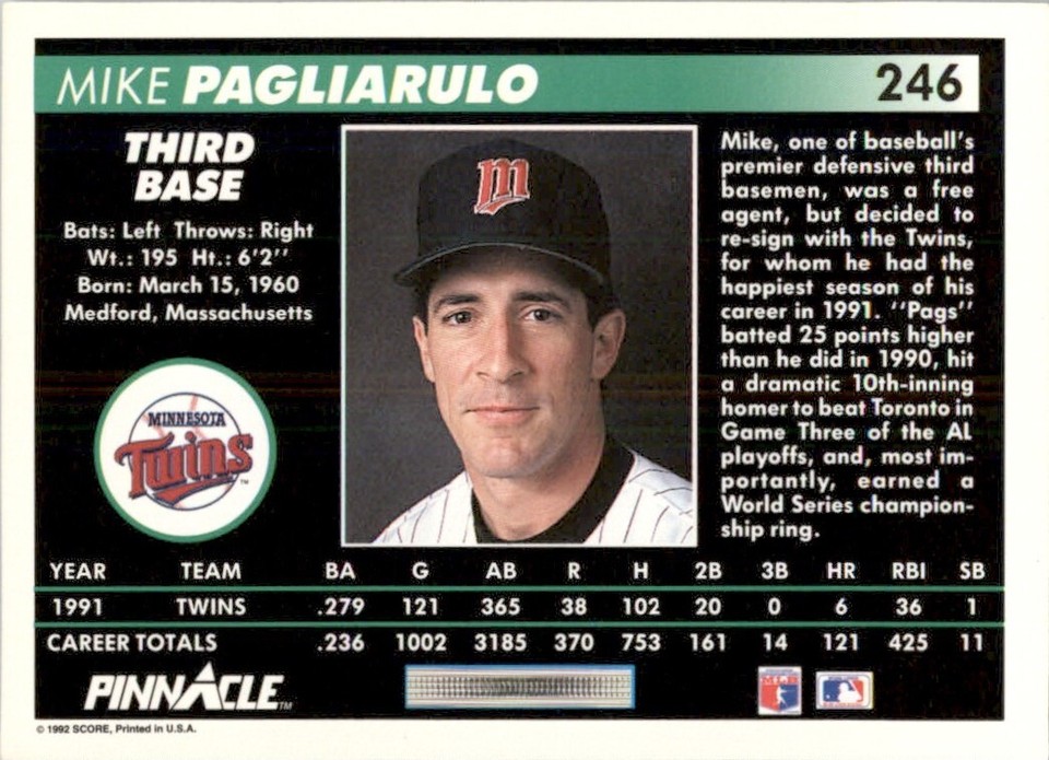 1992 Pinnacle Mike Pagliarulo Minnesota Twins #246 Baseball Card | eBay