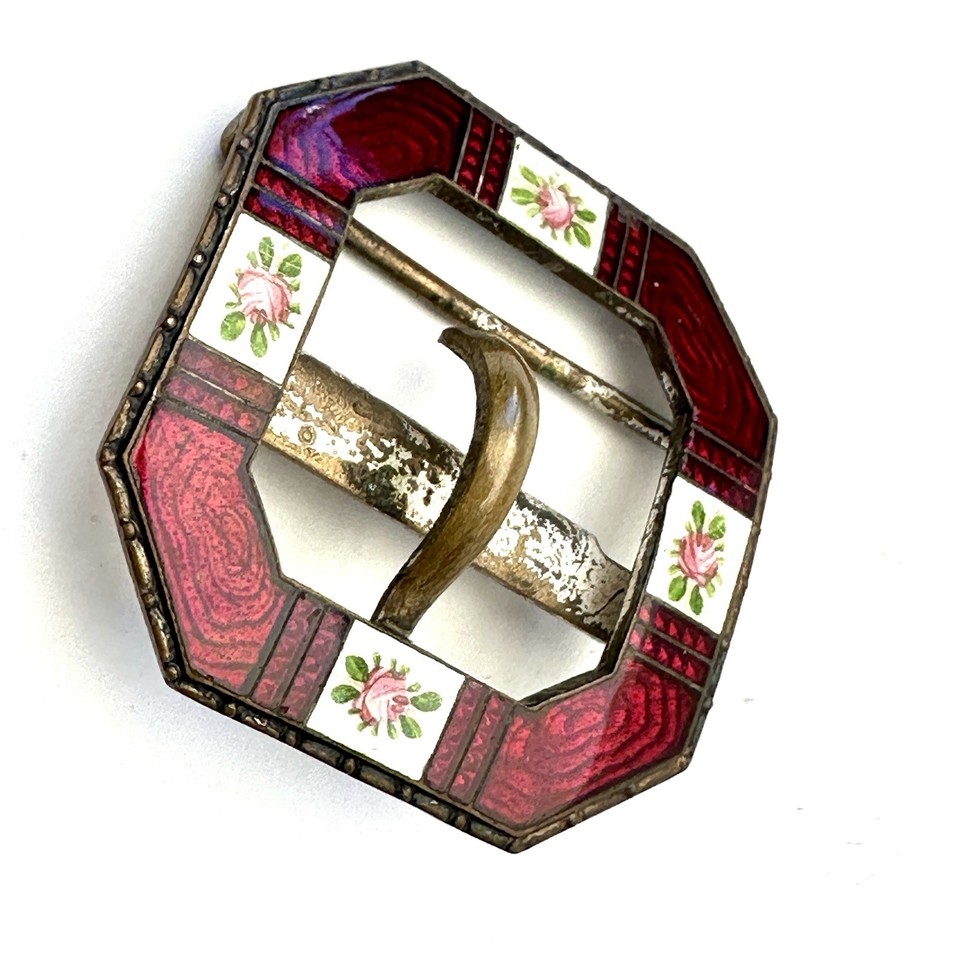 Antique Red Guilloche Enamel Buckle – Hand Painted Roses – Art Deco Era ...