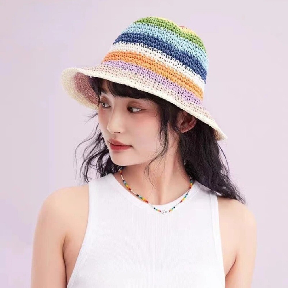 UV Protection Knit Cap Rainbow Color Dome Hat Foldable Bucket Hat ...