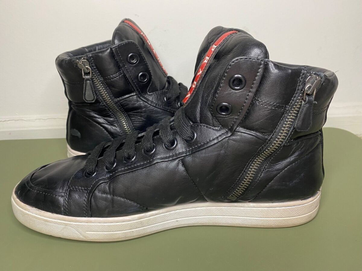 Prada 4T2596 Red Stripe Leather High Top Sneakers in Black Prada 4T2596 Red Stripe Leather High Top Sneakers in Black