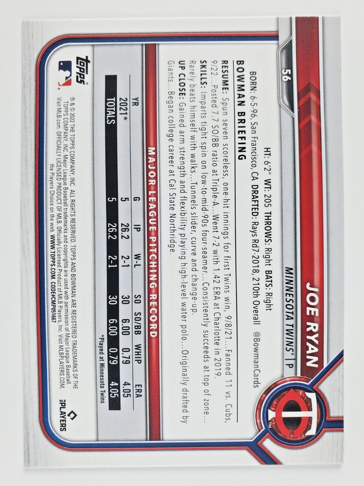 2022 Bowman #56 Joe Ryan Rookie (RC) | eBay