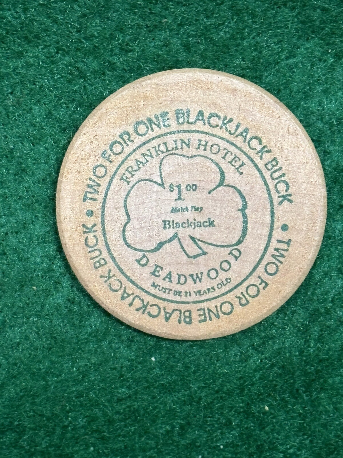 Vintage 2 for 1 Black Jack Buck Wooden Nickel from Franklin Hotel ...
