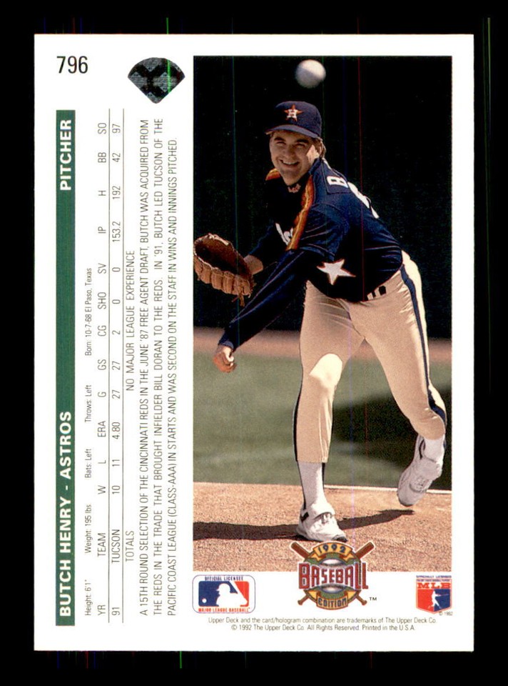 1992 BASEBALL 1992 Upper Deck Butch Henry Houston Astros #796 RC1 | eBay