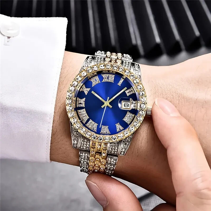 Hip Hop Iced Watch Two Tone Rapper Bling Simulated Diamond Blue Dial ...