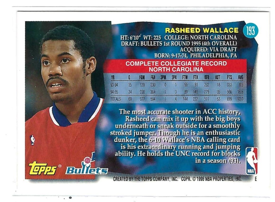 1996-97 Topps Rasheed Wallace -Washington Bullets | eBay