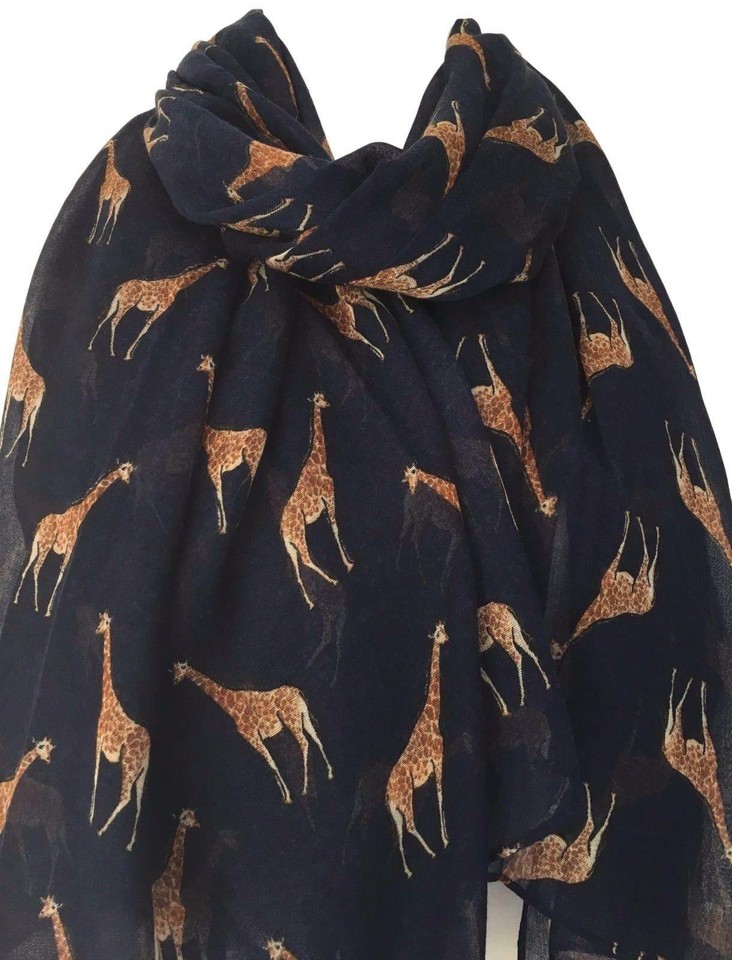 Giraffe Scarf Ladies Navy Blue Brown Giraffes Animal Print Lightweight ...