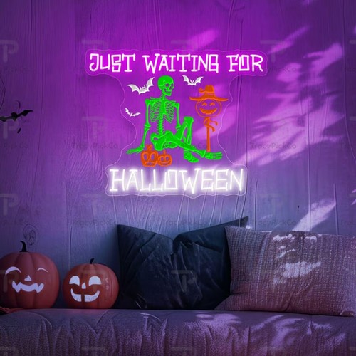Just Waiting for Halloween Neon Sign, Skeleton Pumpkin LED Wall Decor ...