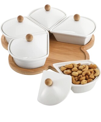Ceramic Divided Serving Dishes with Lids and Bamboo Platter, 5 ...