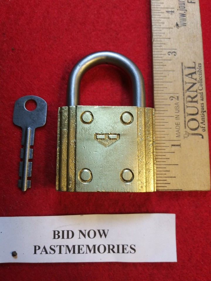 "BELMONT" HARDWARE co BRASS PADLOCK w/ KEY, OLD ANTIQUE LOCK VINTAGE ...