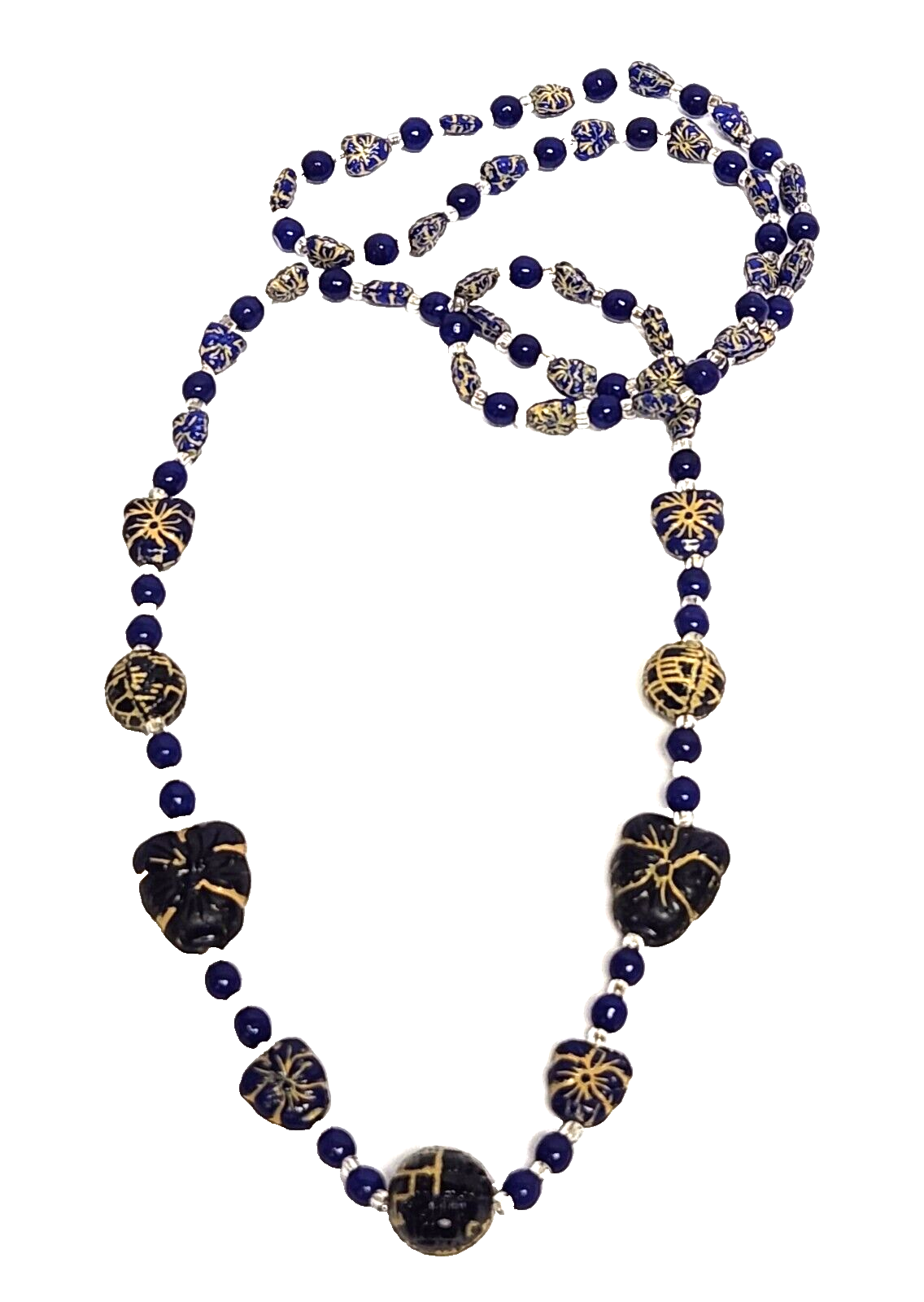 Antique 1920's Max Neiger Long Deep Blue Beige Glass Bead Necklace 32 ...