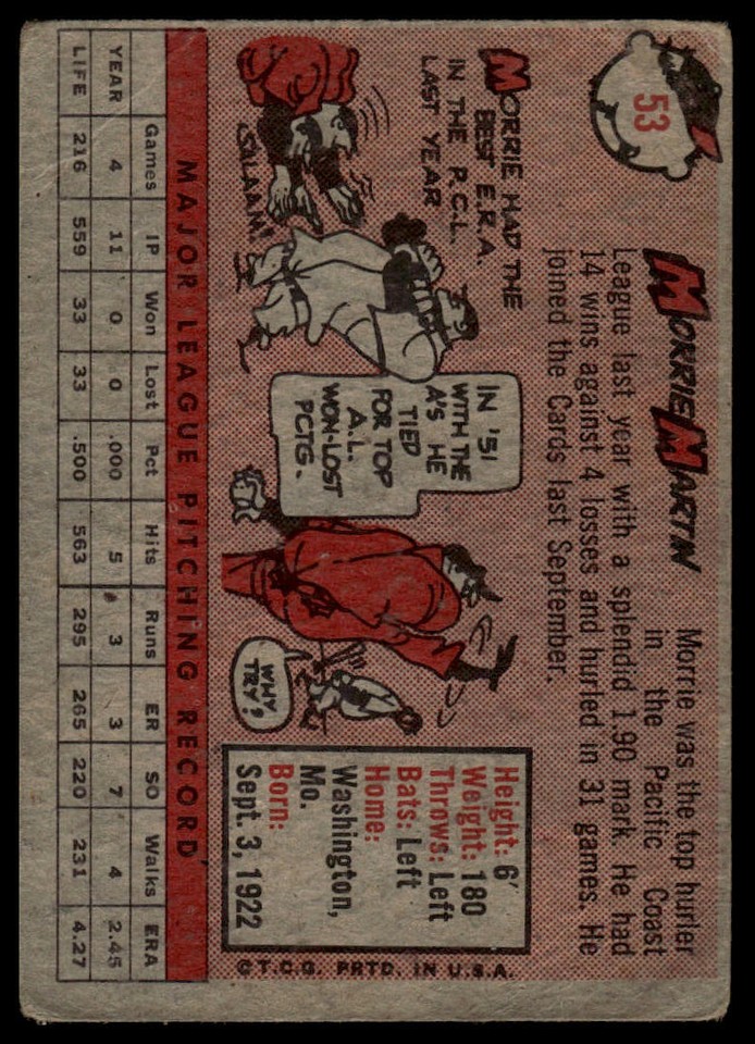 1958 Topps #53a Morrie Martin Name in White Letters | eBay