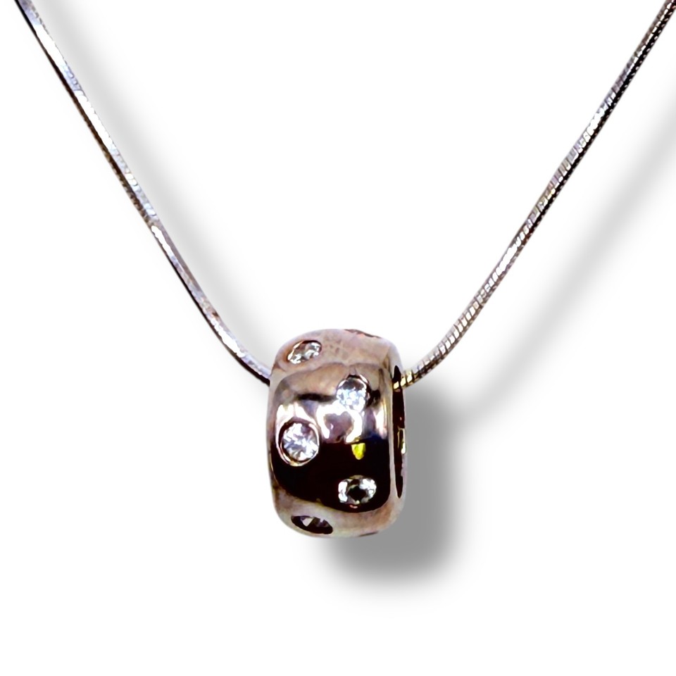 925 Sterling Silver White CZ Bead Roundel Circle Pendant with Chain 6g ...
