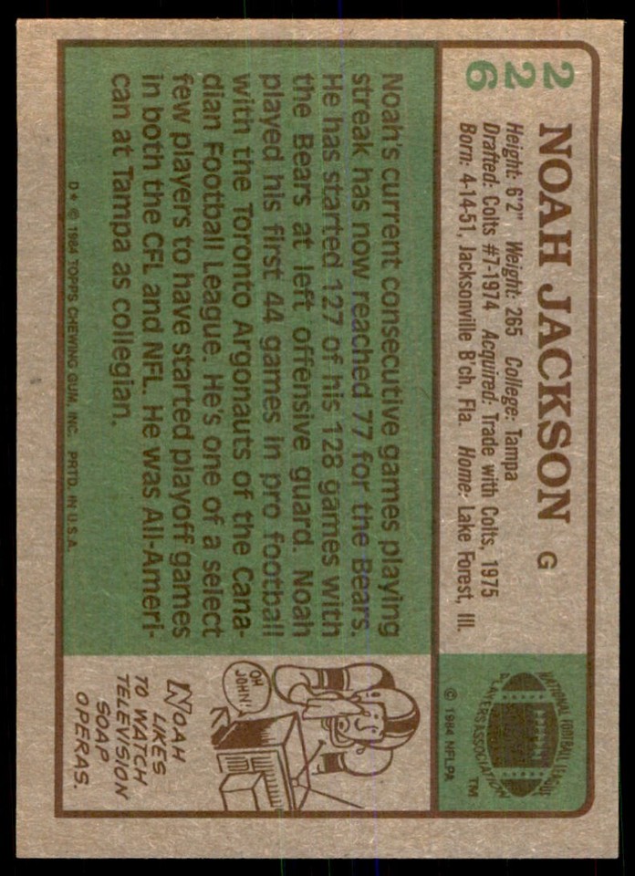 1984 TOPPS NOAH JACKSON CHICAGO BEARS #226 | eBay