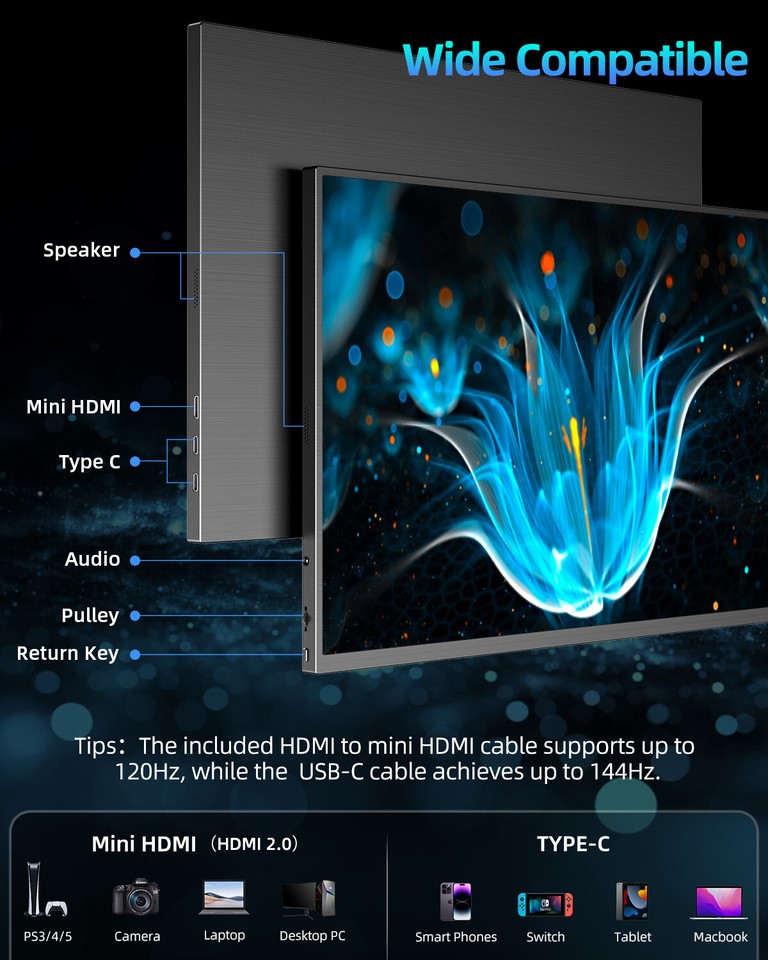 UPERFECT 18 Inch 2K 144Hz Portable Monitor QHD Screen 100% sRGB 1000:1 ...
