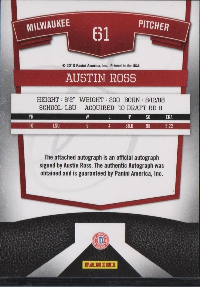 Austin Ross (Brewers) 2010 Donruss Elite Franchise Futures RC Autograph ...