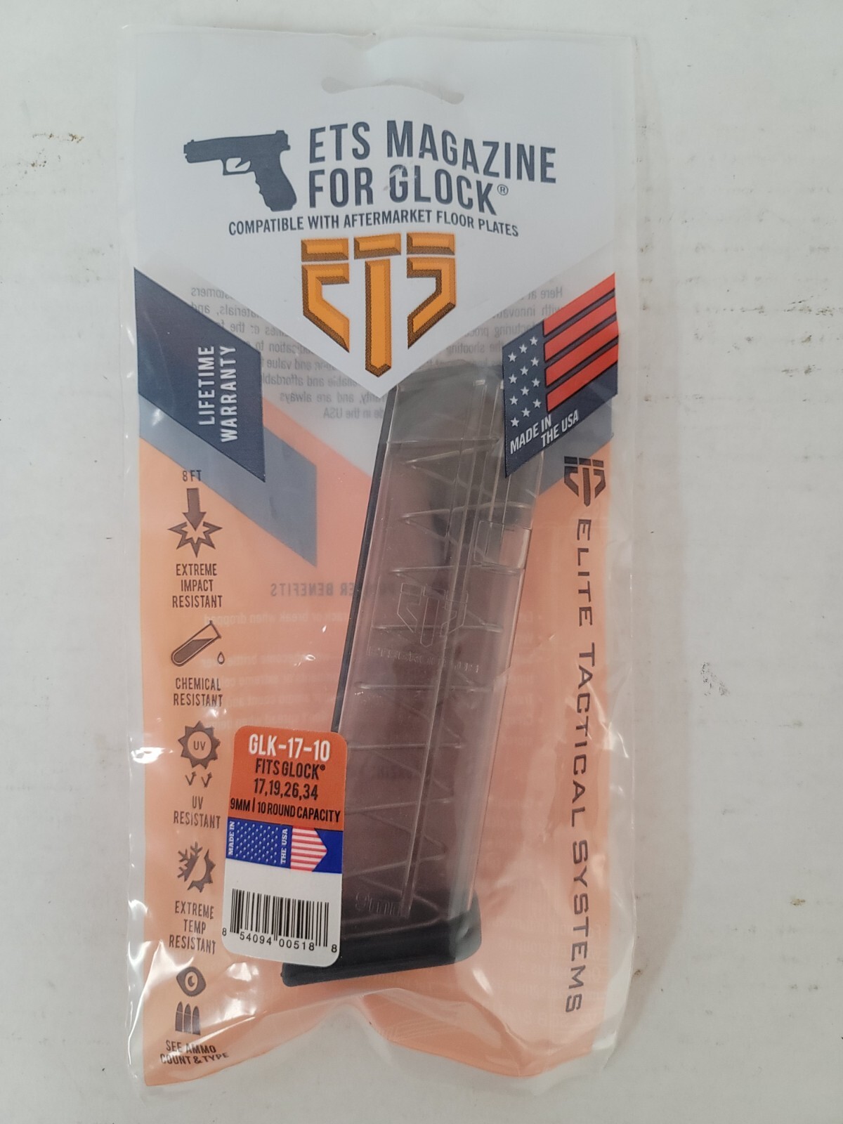 Elite Tactical Systems GLK1710 9mm 10 Rounds Polymer Magazine For GLOCK ...
