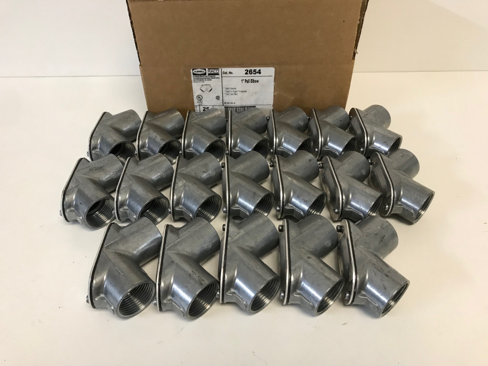 BOX OF (19) NEW UNUSED! HUBBELL RACO 1" ELECTRICAL PULLING ELBOWS 2654 ...
