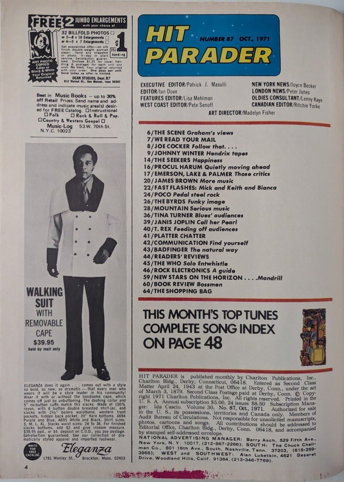 Hit Parader Magazine October 1971 Janis, Mountain, The Who, ELP, T. Rex ...