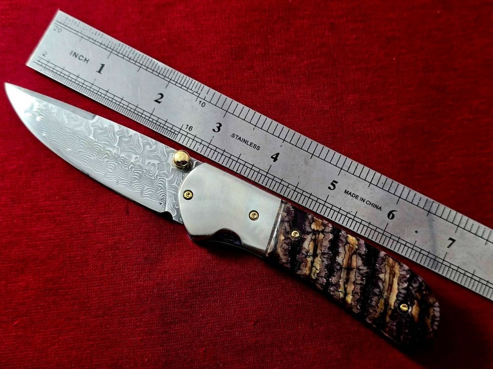 CUSTOM FOLDING KNIFE Stainless Damascus STEEL Fossil Titanium Craft Art ...