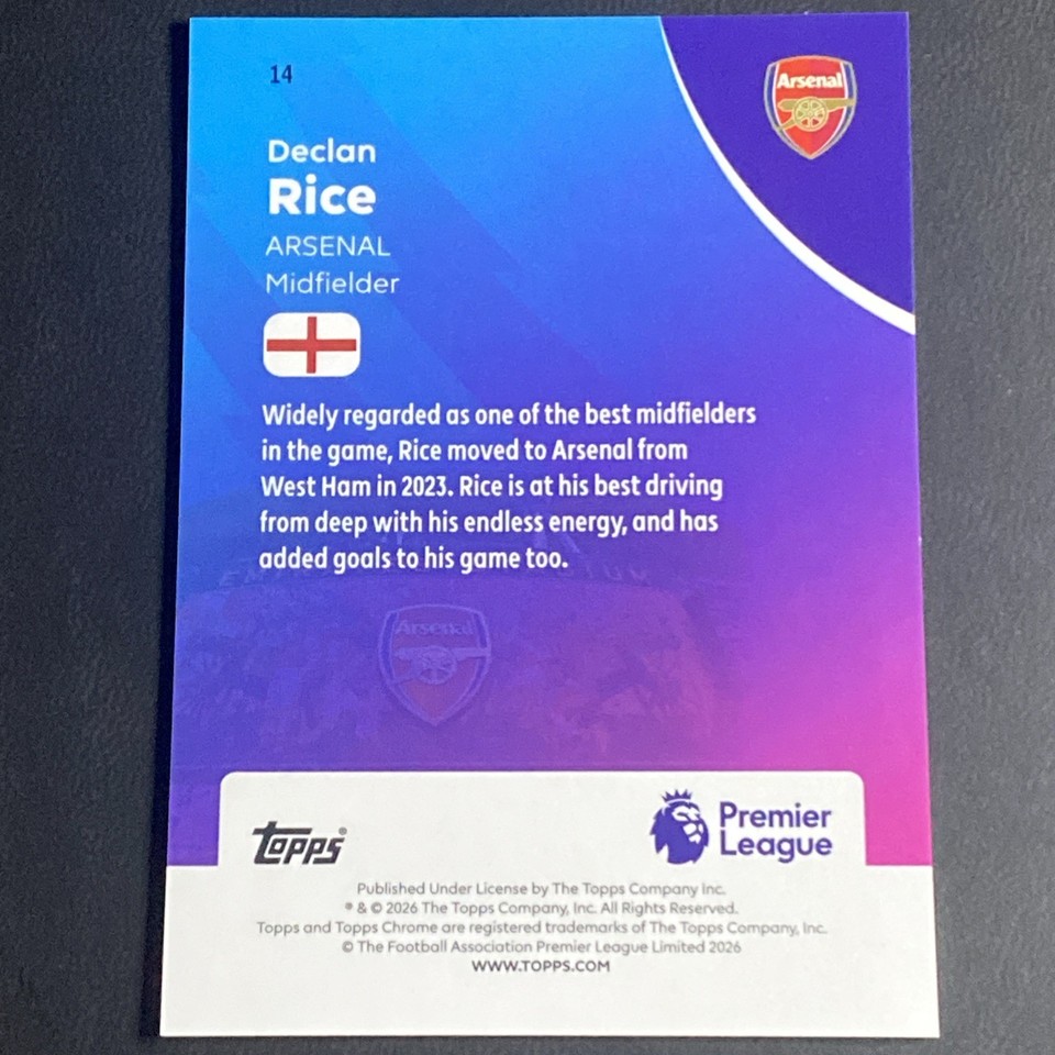 Topps Premier League Chrome 2026 Declan Rice Gold Parallel Card 46/50 ...