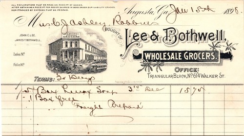 Lee & Bothwell Augusta GA 1898 Billhead Wholesale Grocers | eBay
