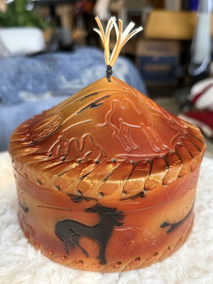 Kazakh Kazakhstan Asian Nomad Leather Yurt Trinket Jewelry Box 5.5 ...