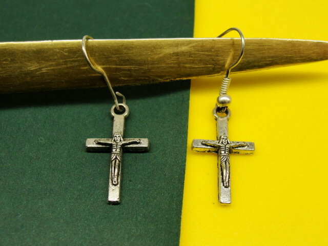 Cross Religious Silver Tone Vertical Drop Dangle Hook Earrings Womans ...