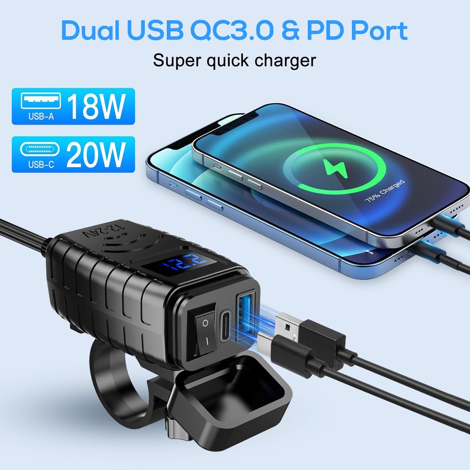 QC3.0+PD Motorcycle Dual USB Phone GPS Fast Charger Adapter Voltmeter ...