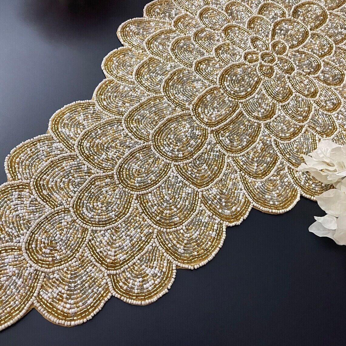 Handmade bead table runner, peacock floral beaded runner, gold, silver ...