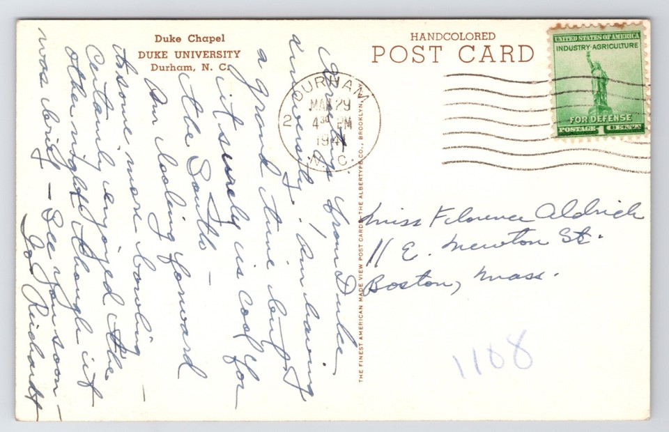 Duke Chapel Duke University Durham North Carolina NC 1940s Albertype ...