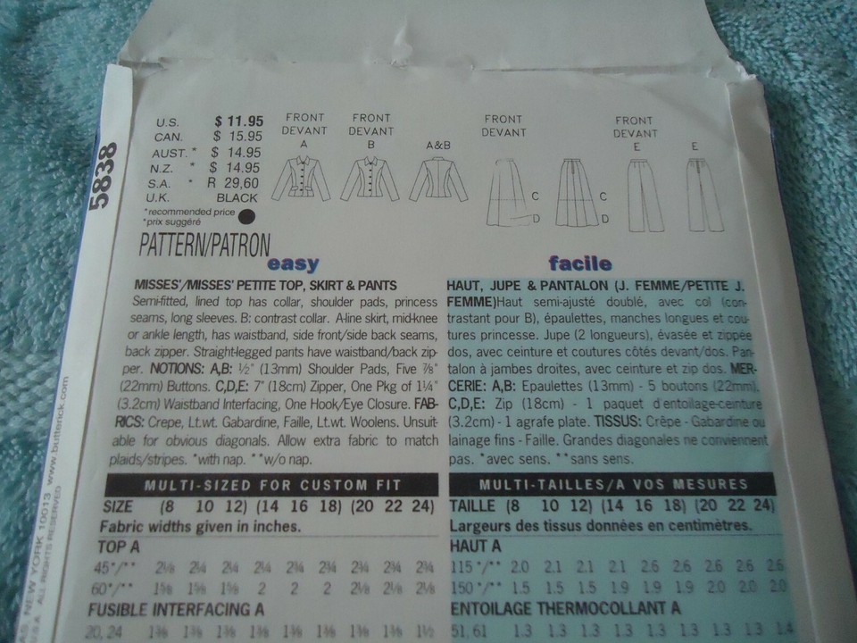 Butterick 5838,Jacket, Skirt, Pants Sz 8,10,12 NEW! | eBay